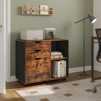 Woltu Meuble de Rangement Woltu armoire &agrave; dossier, avec 3 Tiroirs et 2 Compartiments Ouverts, 80x39,5x69,5 cm, en Bois dIng&eacute;nierie, Marron Rustique