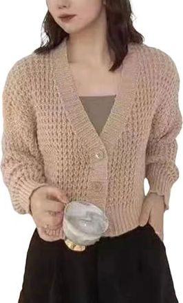Generic Cardigan en tricot &eacute;pais pour femme avec col en V et bouton sur le devant, veste pull en laine douce et chaude, tenue basique dhiver, kaki, Taille Uni