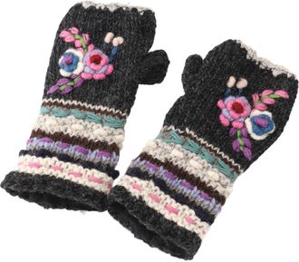 Guru Shop Handstulpen aus Wolle mit Blume, Handgestrickte Pulsw&auml;rmer - Anthrazit, Herren/Damen, Synthetisch