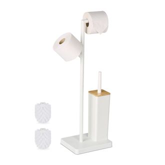 Relaxdays WC Garnitur, HxBxT: 71 x 23 x 18 cm, stehender Klopapierhalter, Klob&uuml;rste, Ersatzrollenhalter, wei&szlig;/Natur