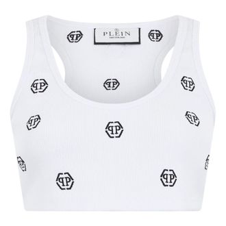 Philipp Plein Geripptes Mini-Tanktop mit Monogramm - - Tops - Damen - Wei&szlig; - XS