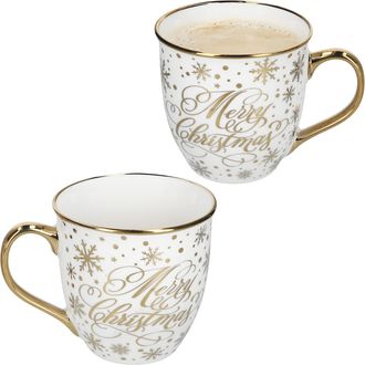 MamboCat 2er Set Jumbobecher mit Goldrand Merry Christmas I 450 ml I Porzellan Tassen wei&szlig; & gold I Becher-Set f&uuml;r 2 Personen I f&uuml;r Kaffee, Tee, Gl&uuml;hwein & and