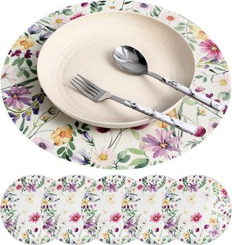 Cabilock 6 St&uuml;ck Runde Leinen Tischsets 13.8 Zoll Blumen Design Platzsets Waschbar F&uuml;r K&uuml;che Esstisch Bauernhaus Dekoration