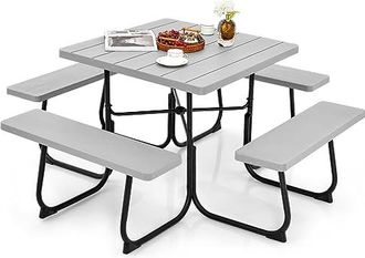 Giantex Ensemble de table de pique-nique pour 8 personnes, table carrée et 4 bancs en PEHD, avec trou pour parasol, texture semblable au bois, pour jardin, pa