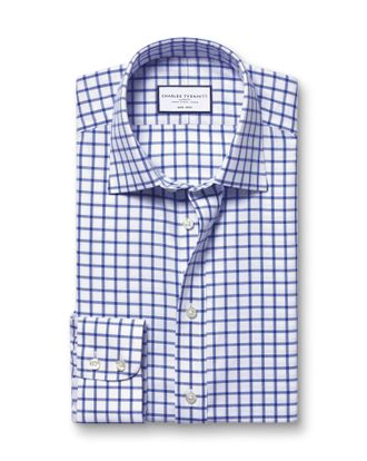 CHARLES TYRWHITT B&uuml;gelfreies Twill-Hemd mit Karos - Kobaltblau Knopfmanschette