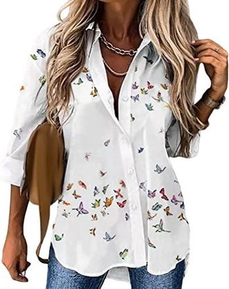 TOMWELL Chemisier Col V Manches Longues Femmes Ample Décontracté Tops Chemisier Pissenlit Tunique Tops Blouses Blanc Chemisier Boutonné Femme Chic Haut T-Shir