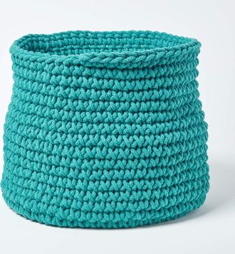 Homescapes gestrickter Aufbewahrungskorb in blaugrün, runder Strickkorb/Stoffkorb 42 x 37 cmaus 100% Baumwolle mit Grobstick-Optik, petrol