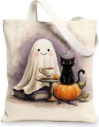 Generic Sacs fourre-tout en toile motif chat fantôme, sacs à provisions réutilisables, style vintage fantaisie, léger, lavable, blanc, 13x15 Inch