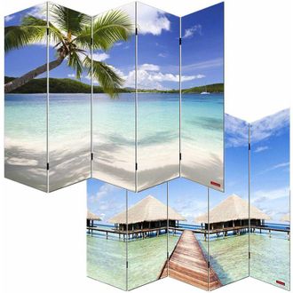 Hhg Paravent / cloison de séparation M68, 5 pans, 200x180cm, motif plage