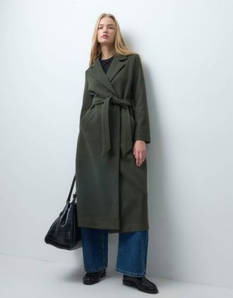 Vero Moda manteau mi-long ceintur&eacute; vert fonc&eacute;
