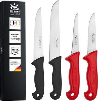 Gehring Solingen Schlachtermesser Set 4-teilig I Ausbeinmesser 13cm I Stechmesser 13cm 17cm I Blockmesser 20cm I Metzgermesser I rostfreier Edelstahl I ergono