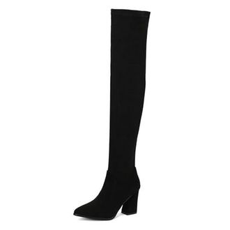 Generic Bottes montantes en daim synth&eacute;tique pour femme - Bout pointu - Talon bloc - &Agrave; enfiler, Noir, 40.5 EU