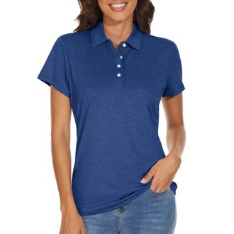 KEFITEVD Damen Poloshirt Kurzarm Golf T-Shirt mit Wei&szlig;en Kn&ouml;pfen Polohemd Atmungsaktiv Sommer Shirt Short Sleeve Meliert Dunkelblau 2XL