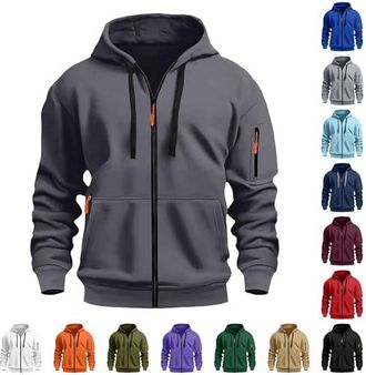 Generic Sweat à capuche zippé à manches longues pour homme Grande taille décontracté léger et confortable avec poches zippées et cordon de serrage, gris foncé