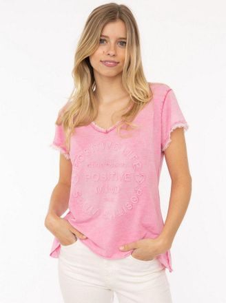 Zwillingsherz T-Shirt Positive Mind V-Ausschnitt, Kurzarm, Used-Look, Baumwolle, ausgefranste Kanten
