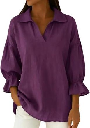 Generic Chemisier en Coton Et Lin Femme Manches Courtes Shirts D&eacute;contract&eacute; Amples De Couleur Unie T-Shirts &Agrave; La Mode Col V Coton Et Lin Chemisiers De Grande T