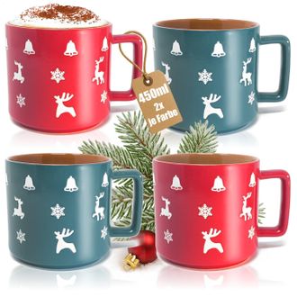 Com-Four 4x weihnachtlicher XL-Kaffeebecher aus Porzellan - festliche Tassen je 450 ml mit Weihnachtsmotiv - zweifarbige Weihnachtstassen in grün und rot (4x W