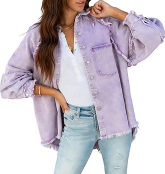 Generic Veste en jean surdimensionn&eacute;e pour femme avec ourlet effiloch&eacute; boutonn&eacute; sur le devant en jean manteau d&eacute;contract&eacute; western, violet clair, XXL