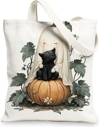 Generic Sacs fourre-tout en toile fantôme, motif citrouille chat, sacs de courses réutilisables, fantastiques botaniques légers lavables, blanc, 13x15 Inch