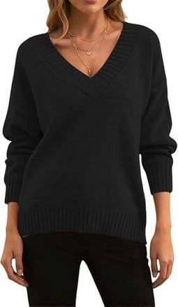 Generic Pull court à manches longues raglan double face et col en V pour femme, pull court dautomne uni décontracté en tricot, Noir, 4XL