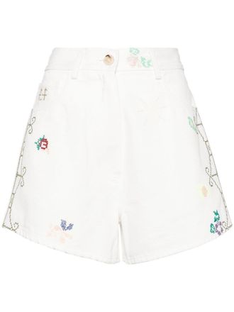 Forte_Forte short en jean &agrave; fleurs brod&eacute;es - Blanc