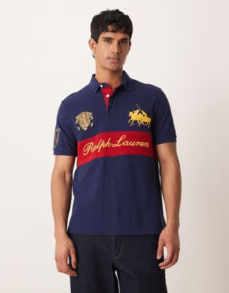 Polo Ralph Lauren Pikee-Polohemd in Marineblau mit Wappenlogo auf der Brust