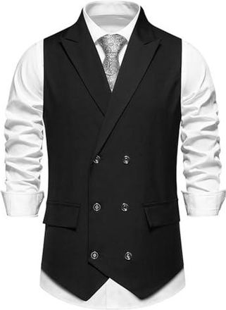 Generic Gilet de costume &agrave; double boutonnage pour homme, col en V, coupe ajust&eacute;e, gilet daffaires et &agrave; col &agrave; revers, gilet luxueux de couleur unie &eacute;l&eacute;gant et 