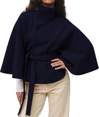 Generic Ponchos à manches chauve-souris pour femme, manteau court dhiver tendance, col montant, cape en laine, avec ceinture, bleu marine, XXL