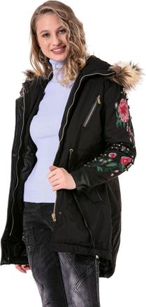 Cipo & Baxx Damen Jacke WJ136 Schwarz - Lange &Uuml;bergangsjacke im Casual Streetwear Stil mit Fellkapuze, Stickerei & Taschen - Stylische Freizeitjacke f&uuml;r Alltag - 