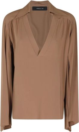 Federica Tosi Femme, Blouses et Chemises, Brun, Taille: 38 FR Blusa Scollo V Maniche Aperte Crepe de Chine