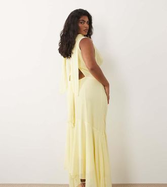 Tfnc Plus robe longue en mousseline pour demoiselles dhonneur &agrave; col b&eacute;nitier et d&eacute;tail foulard, jaune citron