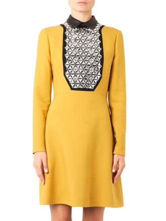 Gucci Yellow Embellished Crepe Dress with Leather Collar Size S