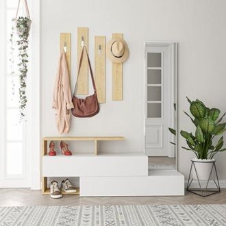 Concept Usine | Meuble dEntr&eacute;e RAMAR Bois et Blanc | Porte-Manteaux Int&eacute;gr&eacute; & 6 Espaces de Rangement | Miroir &Eacute;l&eacute;gant | Design Fonctionnel pour 12 Chaussures | 137x