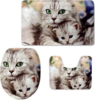 Showudesigns Badematten Set 3tlg Badezimmer Matte Set Dusch Bade Matte Vorleger Teppich f&uuml;r Wohnzimmer, Schlafzimmer, Schwimmbad Toilet - Katze Muster