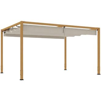 OUTSUNNY Pergola toile r&eacute;tractable 4 x 3 m alu effet bois tissu polyester beige