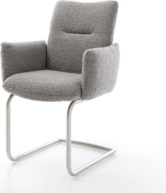 DELIFE Freischwinger Jova-Flex mit Armlehnen Bouclé Silbergrau Freischwinger rund Edelstahl Taschenfederkern, Esszimmerstühle