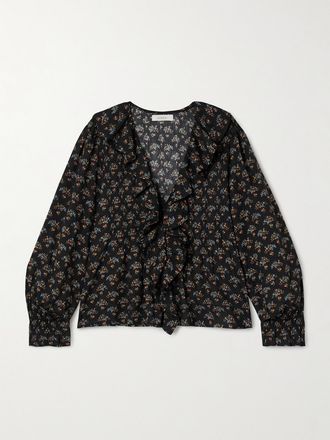 Dôen Blouse En Voile De Coton Biologique À Imprimé Fleuri, Plis Nervures Et Volants Hardy - Noir
