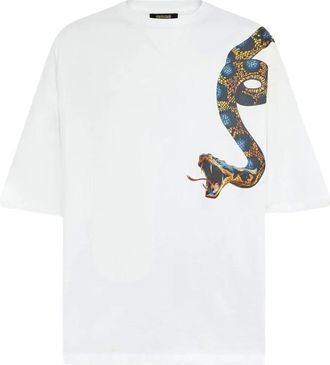 Roberto Cavalli Homme, Tops, Blanc, Taille: 2XL T-shirt imprim&eacute; serpent