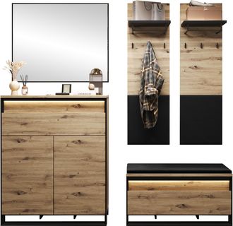 Mirjan24 Garderoben-Set Quant IX, Kleiderhakenbrett, Spiegel, Schuhschrank und Kommode mit 2 Schubladen, Wandgarderobe für Diele und Flur, Flurgarderobe (Artis