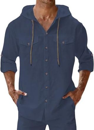 Generic DENGJIAMY Chemises &agrave; capuche &agrave; manches longues pour homme en lin uni &agrave; manches longues d&eacute;contract&eacute;es boutonn&eacute;es chemises tendance v&ecirc;tements de vacance