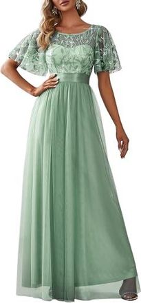 Ever-pretty Robe de Soirée pour Mariage Demoiselle dhonneur Manches Courtes Taille Empire A-Line Tulle Longue Femme Verte Menthe 46