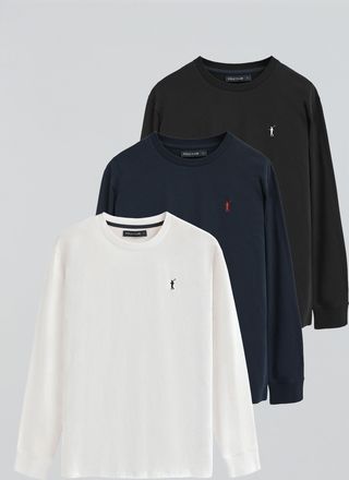 Polo Club Dreierpack Herren-T-Shirts schwarz, marineblau und wei&szlig; mit langen &Auml;rmeln und gesticktem Rigby Go-Logo