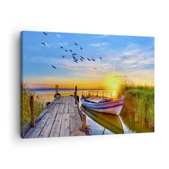 Arttor Bilder auf Leinwand See Boot Wasser Leinwandbild mit Rahmen 70x50cm Wandbilder Dekoration Wohnzimmer Schlafzimmer Küche Deko Klein Wanddeko Bild Wand 