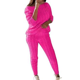 Generic Surv&ecirc;tements 2 pi&egrave;ces en tricot pour femme - Ensemble solide &agrave; col rond pour femme - V&ecirc;tements de d&eacute;tente chauds pour femmes - Ensemble de v&ecirc;tements d