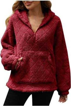 Generic 2026 Vestes &agrave; capuche pour femmes, coupe ample, demi-fermeture &eacute;clair, sweat &agrave; capuche confortable et d&eacute;contract&eacute;, Rouge, XXL