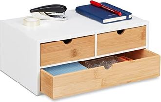 Relaxdays Schreibtisch Organizer, 3 Schubladen, f&uuml;r B&uuml;routensilien, HxBxT: 14 x 33 x 21 cm, Bambus & MDF, wei&szlig;/natur