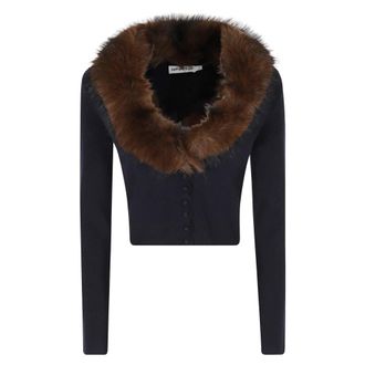 Self Portrait Strickjacke mit Kunstpelzkragen - - Knitwear - Damen - Blau - S