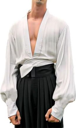 Generic Chemise décontractée en satin de couleur unie avec col en V et manches longues pour homme, blanc, S