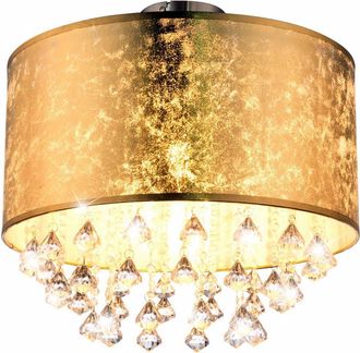 ETC Shop Deckenlampe Metall Nickel matt Lampen Wohnzimmer Decke Kristall Deckenlampe Jugendzimmer, Blattgold Kristalle, 1x E27, DxH 40 x 38 cm