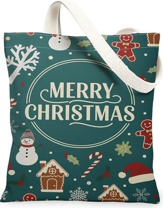Generic Sacs fourre-tout en toile de No&euml;l, sacs r&eacute;utilisables avec imprim&eacute; bonhomme de neige et pain d&eacute;pices, vintage, l&eacute;ger, lavable, vert, 13x15 Inch